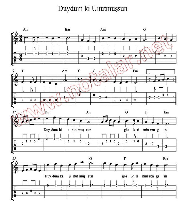 Duydum Ki Unutmuşsun Gitar Notaları | Notalar Net | Kolay Nota